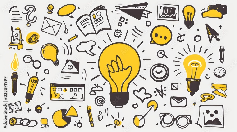 Creativity and innovation doodle icons collection. Hand drawn yellow ...