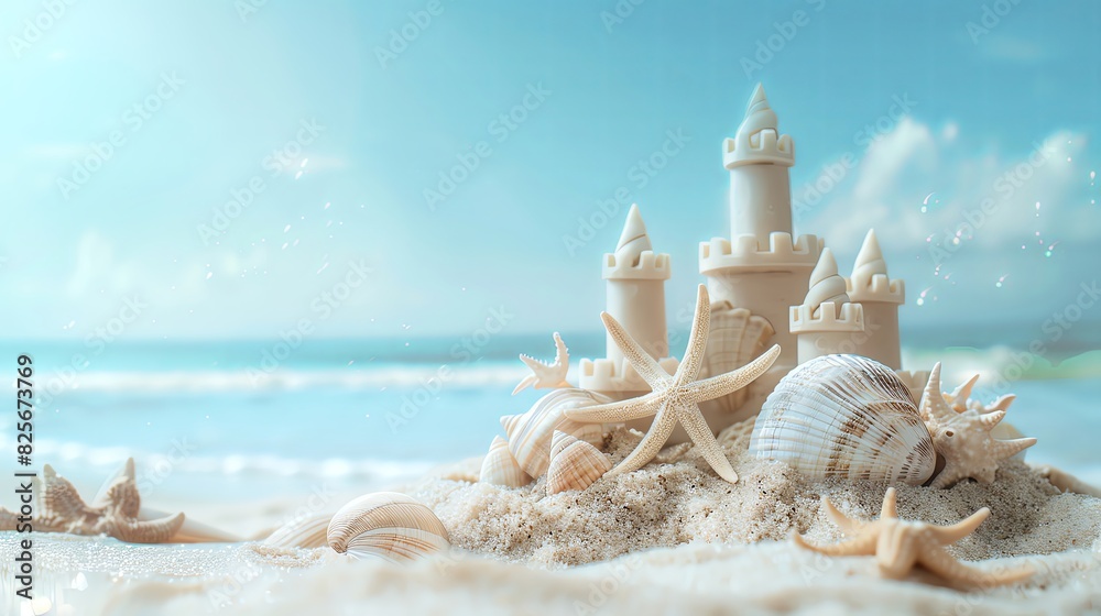 Sand castle with seashells and starfish on the beach background, summer ...