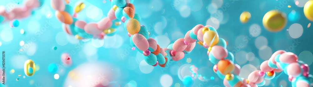 3D rendering of DNA structure with colorful candies on a blue ...