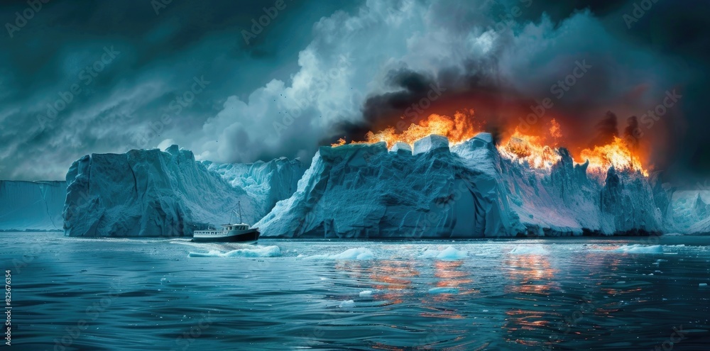 Iceberg on fire, global warming concept, ice shelf burning in the ...