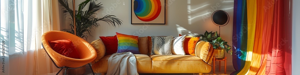 An interior of a home with a cozy, inviting room that has a rainbow ...