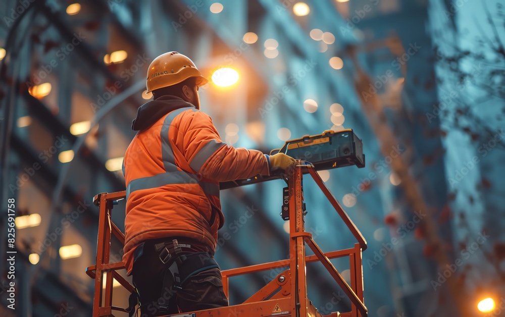 Dynamic scene of an operator maneuvering a boom lift in a busy urban ...