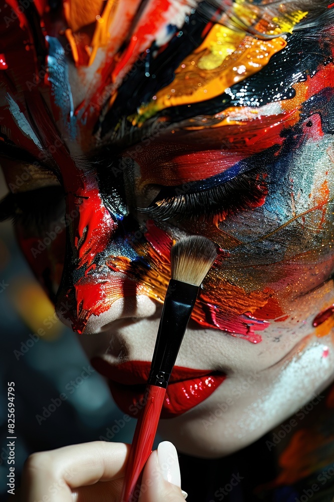 Artistic makeup studio, a creative artist painting an avantgarde look ...