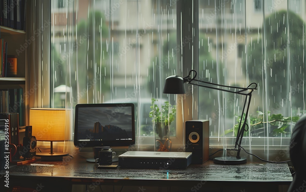 "Minimalist workspace with a simple table by a rain-covered window, the ...
