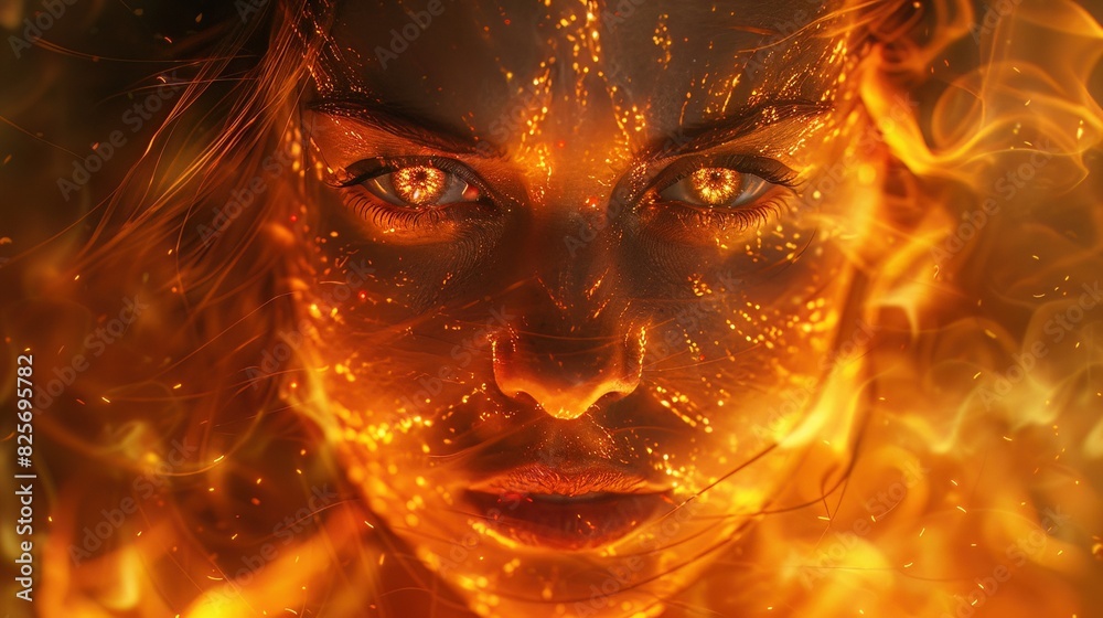 An allegory of rage with a female figure enshrouded in fire, reflecting ...