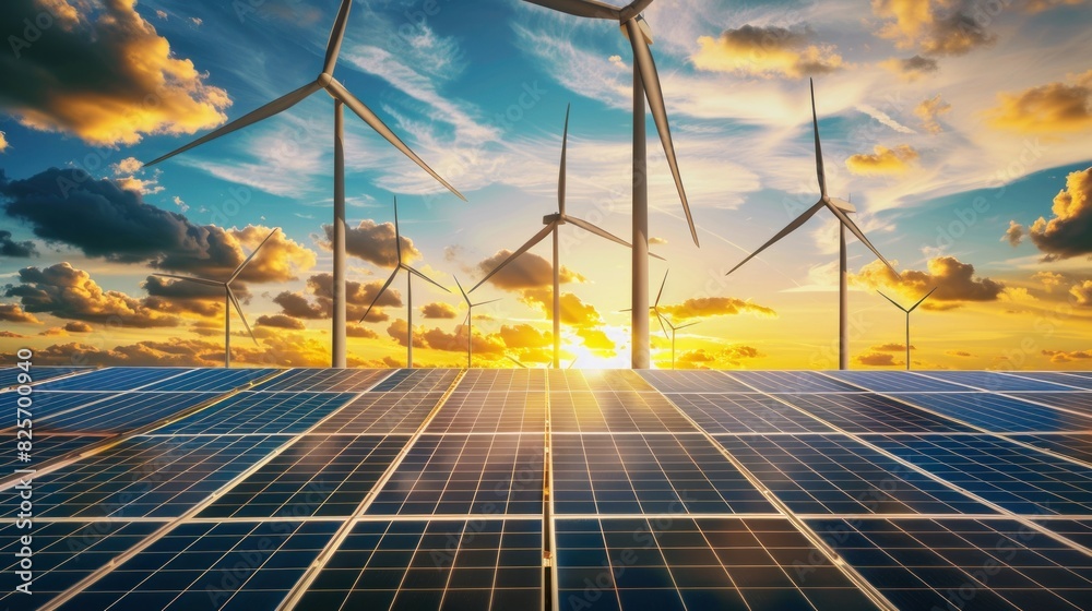 Solar energy panel photovoltaic cell and wind turbine farm power ...
