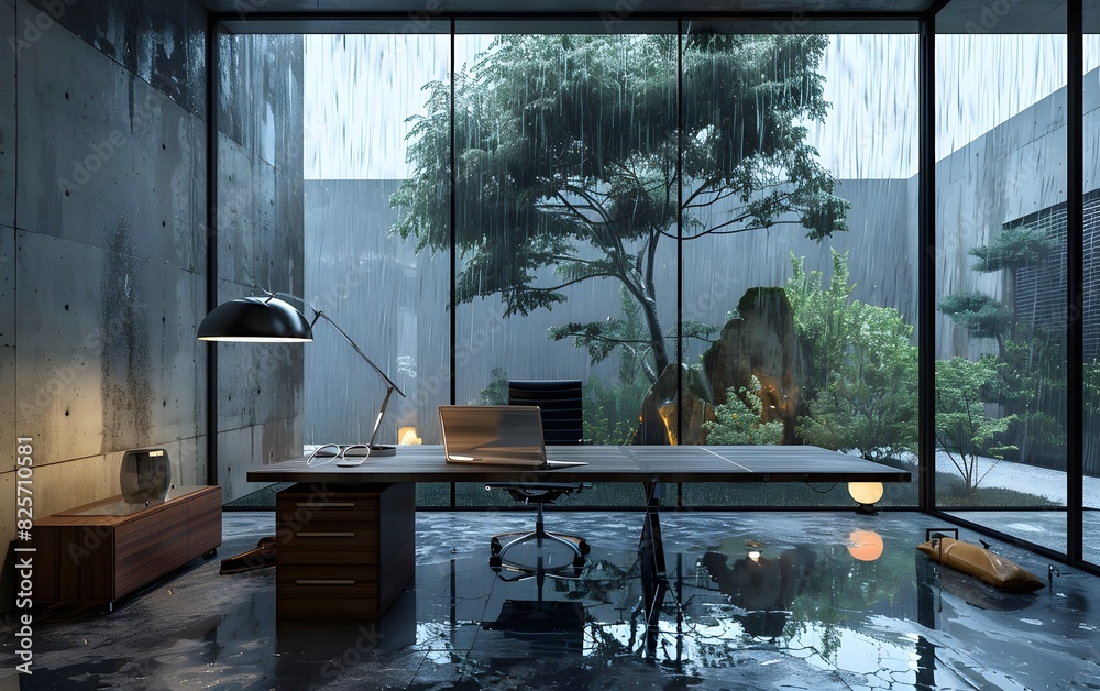 Minimalist workspace with a simple table by a rain-covered window, the ... Minimalist workspace with a simple table by a rain-covered window, the ...