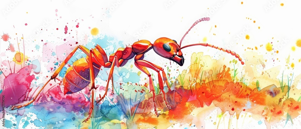A water color of an ant, painted in a surreal style, exploring a ...