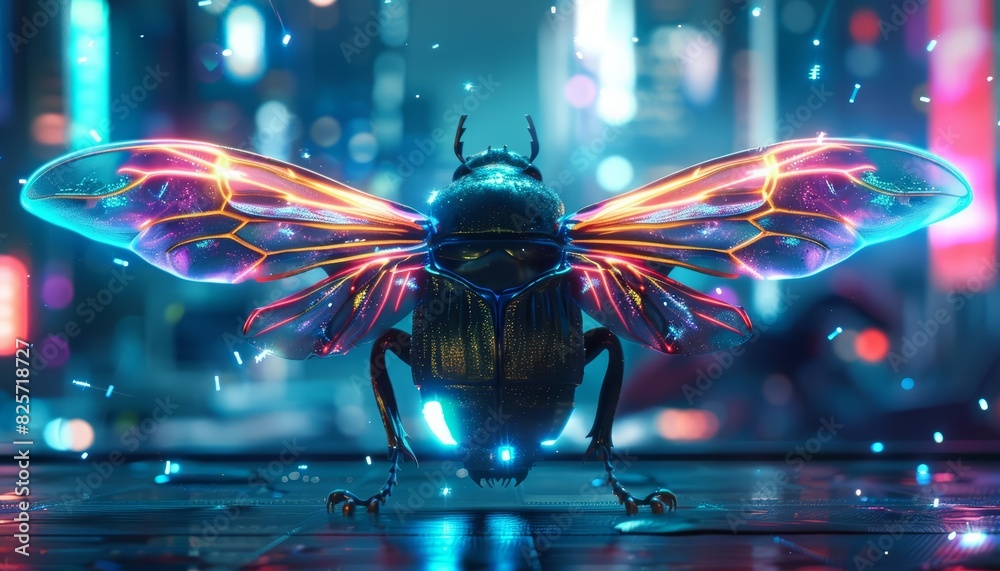 A beetle with bioluminescent wings glowing under neon lights, set in a ...