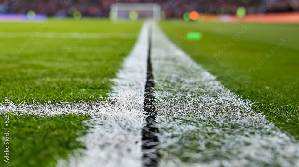 Close-up shot of a soccer field's white boundary line, with the blurred ...