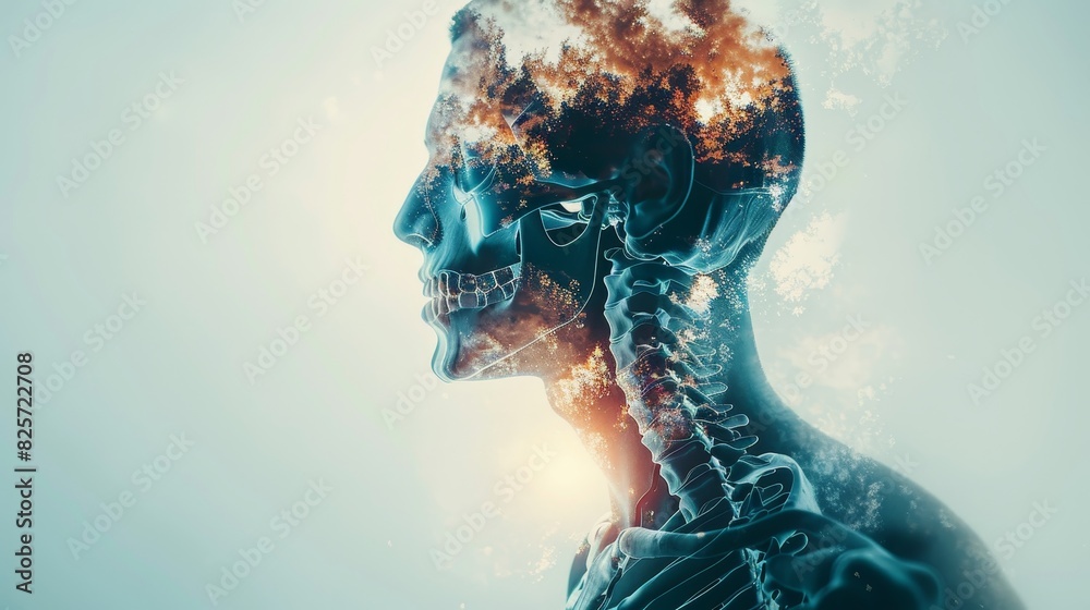 Futuristic digital illustration of human anatomy showcasing head and ...