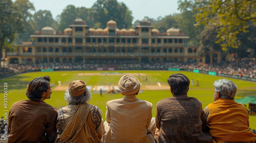 Backside view of a group of indian man watching cricket inside a ...