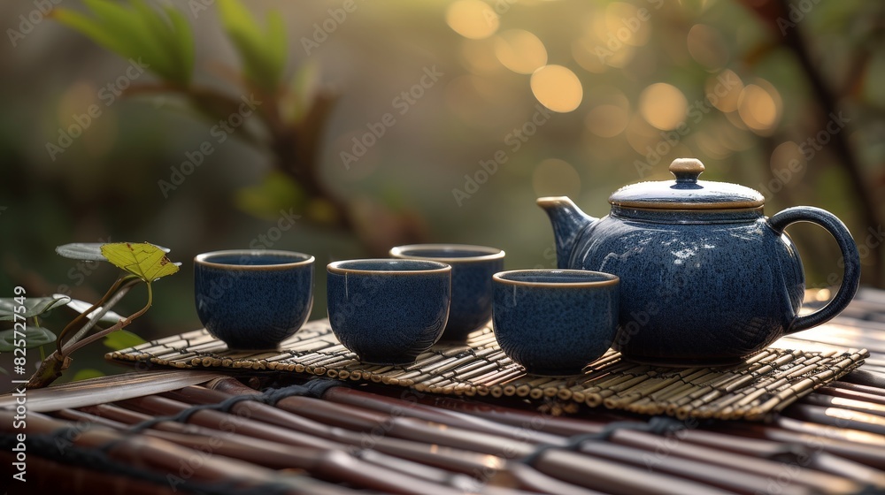 Delight in the elegance of a blue pottery tea set arranged on a bamboo ...