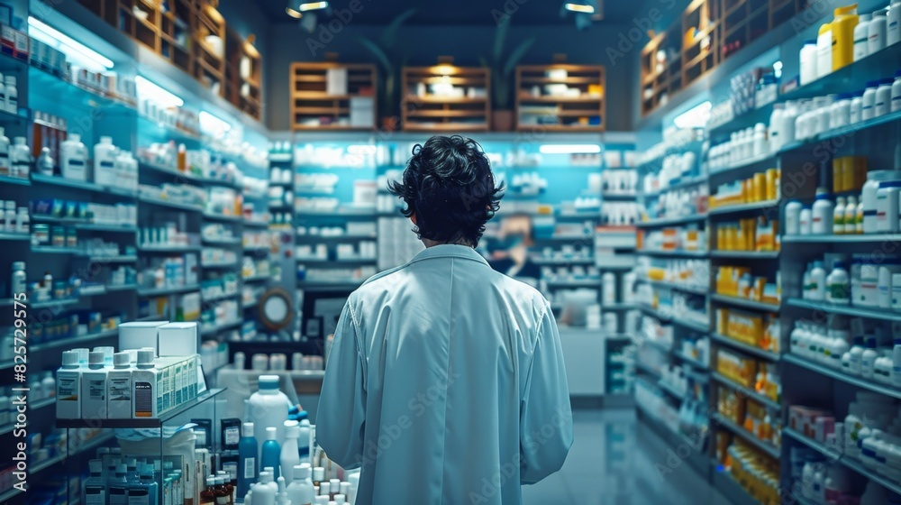 Professional Pharmacist at Countertop with Rows of Medicine Shelves ...