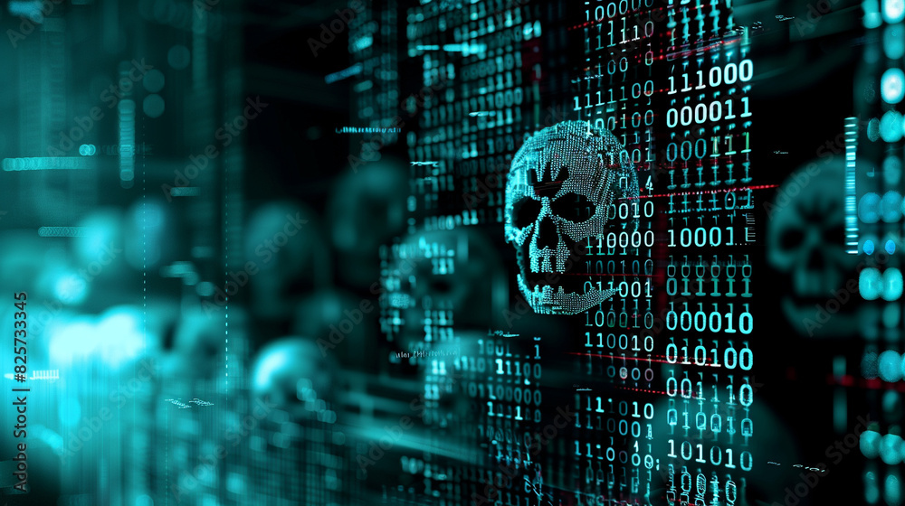 Digital representation of cyber threat with skull icons and binary code, highlighting online ...
