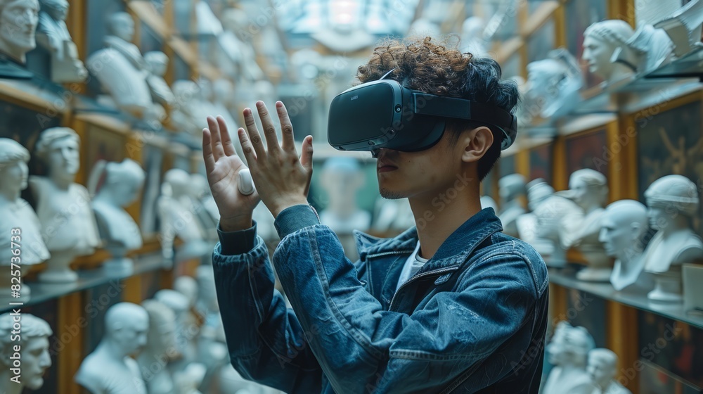 An augmented reality headset user interacting with virtual objects ...