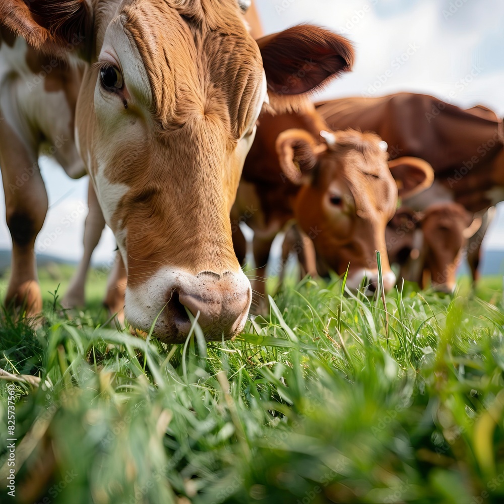 Cattle cows calves in the field outdoor outdoors grazing eating grass ...