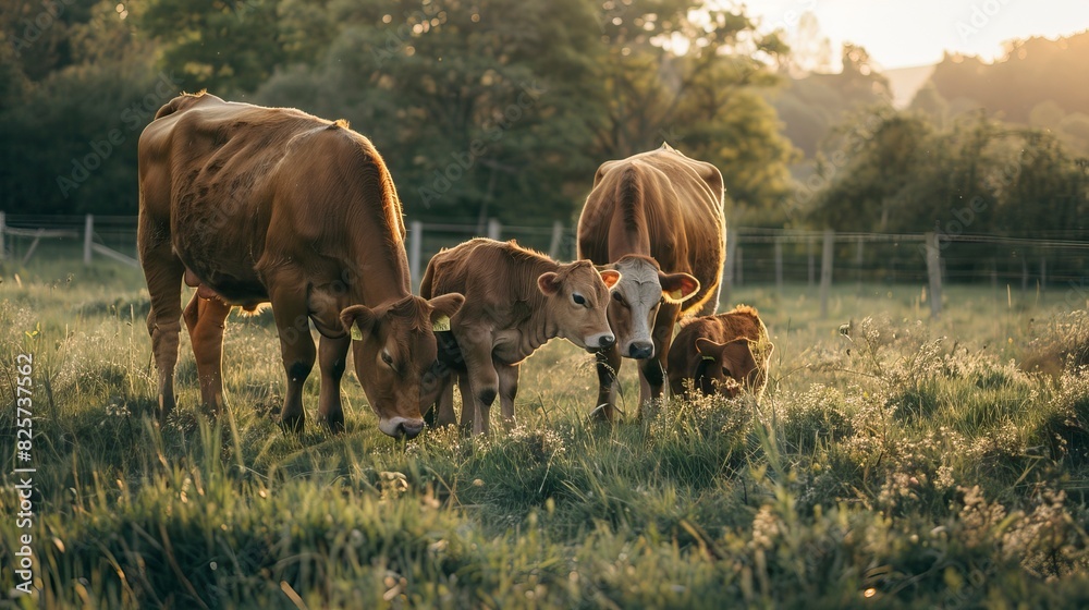 Cattle cows calves in the field outdoor outdoors grazing eating grass ...