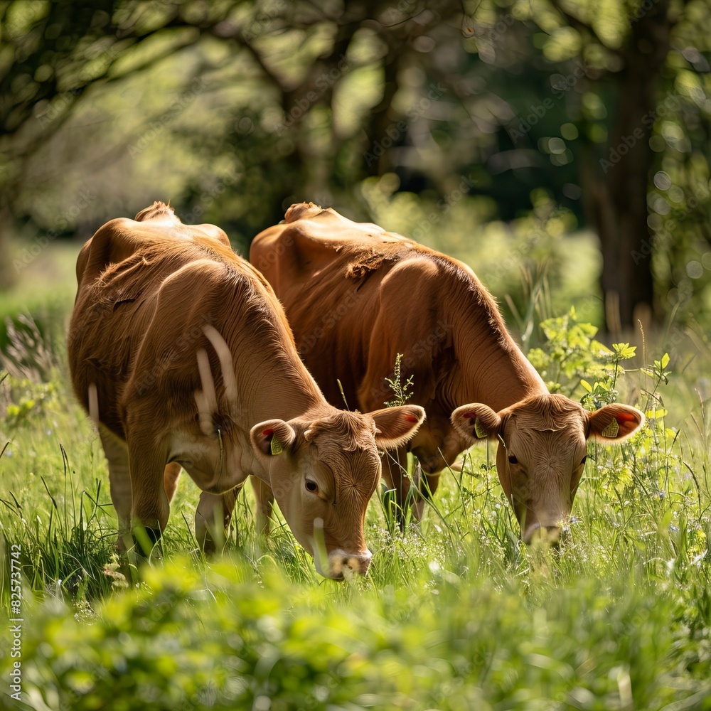 Cattle cows calves in the field outdoor outdoors grazing eating grass ...