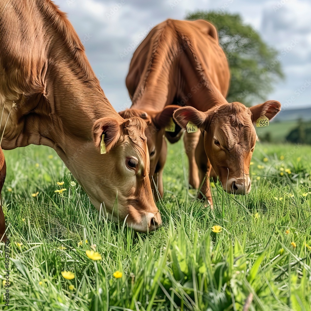 Cattle cows calves in the field outdoor outdoors grazing eating grass ...