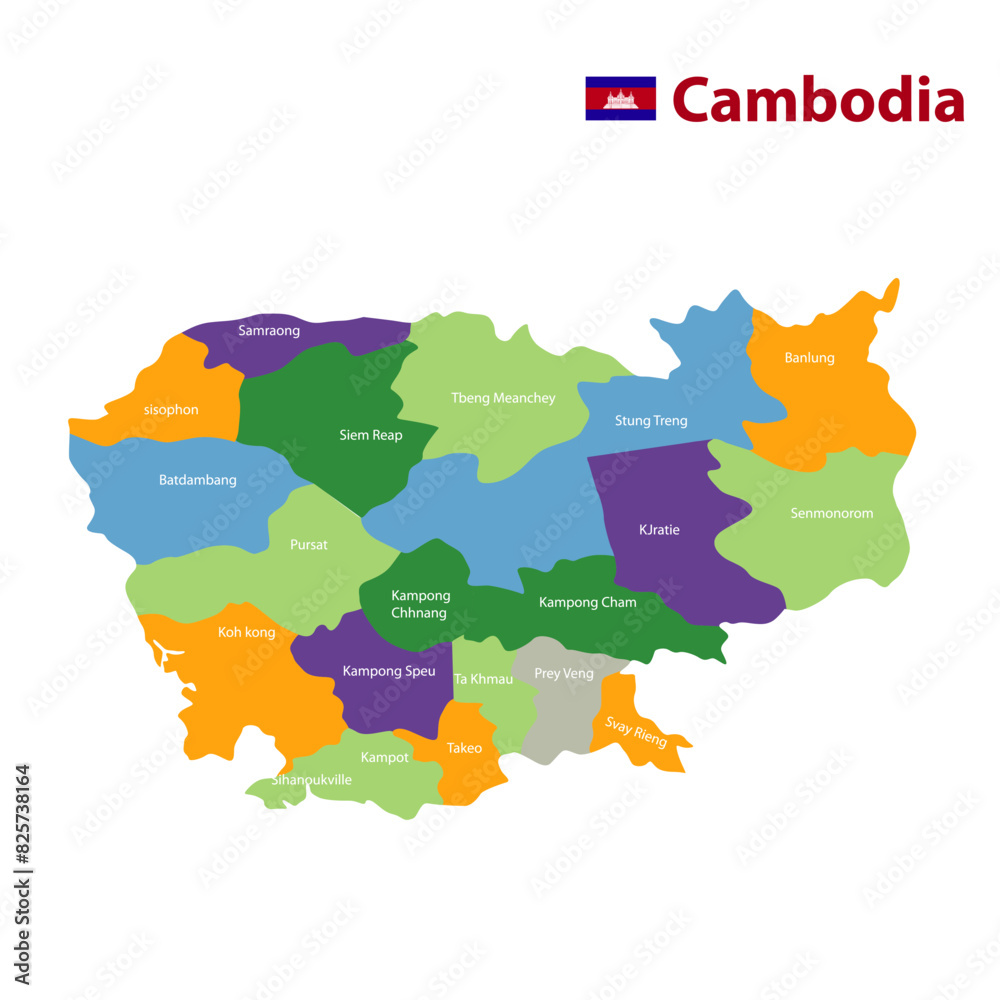Detailed Cambodia Map. Detailed Vector Map of Cambodia. Divided map of ...