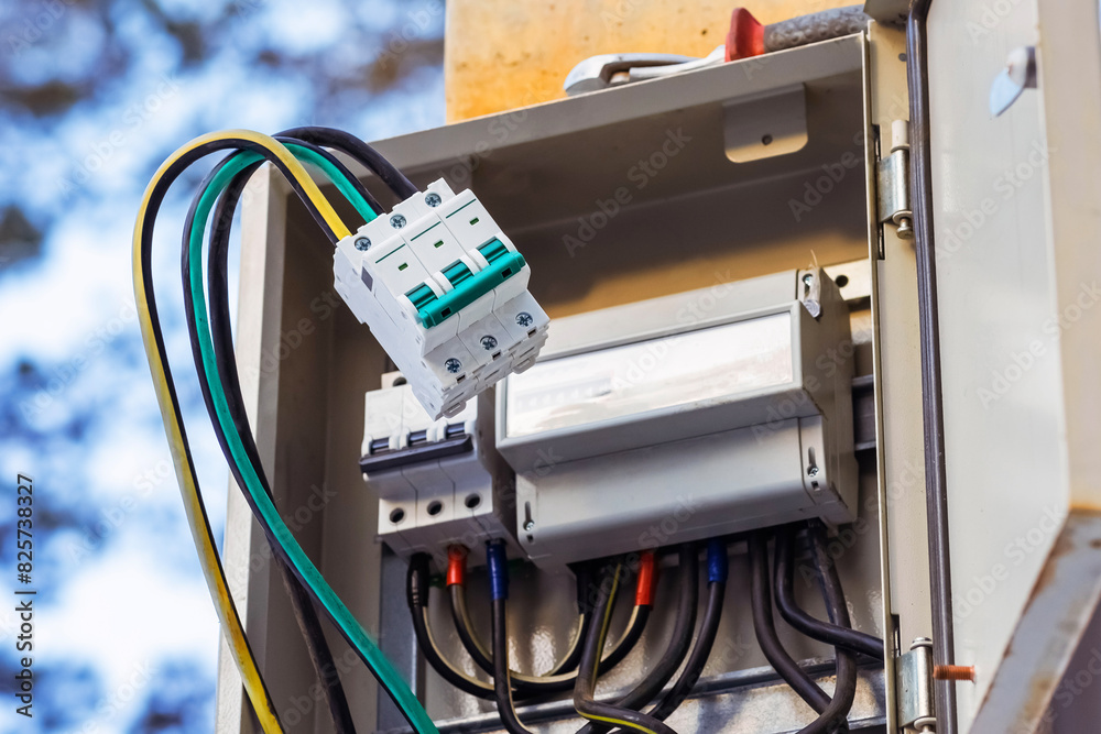 Replacing the electrical fuse. Electric meter and wires in the fuse box ...