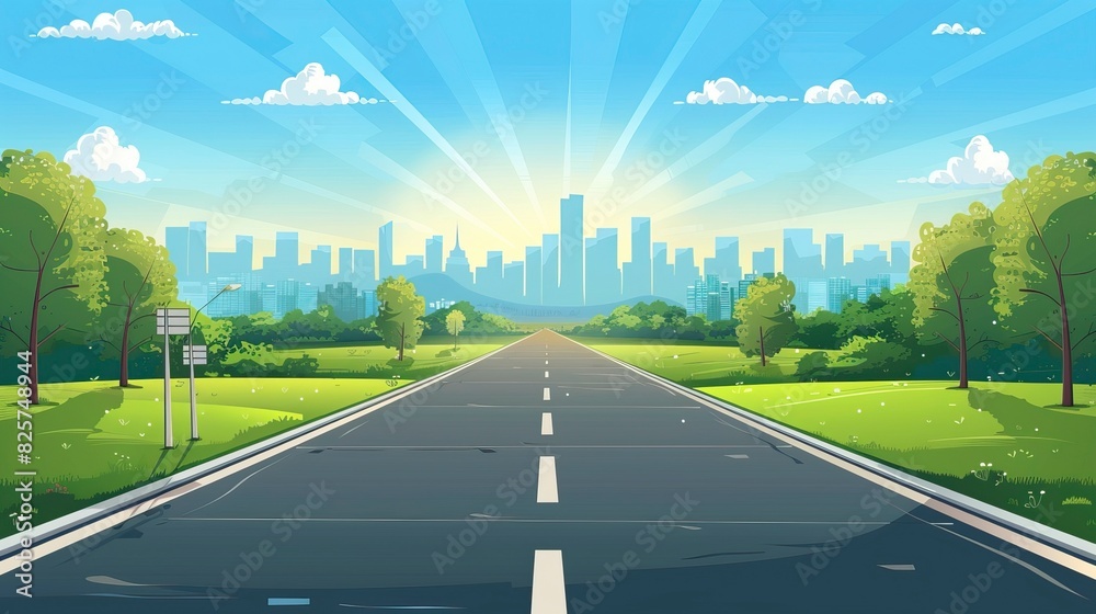Cartoon highway. Empty road with city skyline on horizon and nature ...