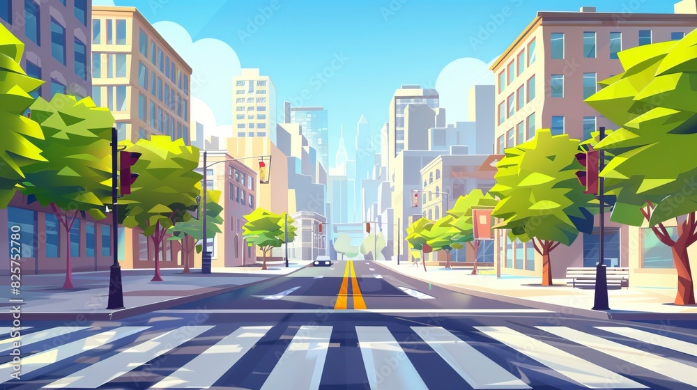 Cartoon crosswalk. City streets intersections with no automobile ...