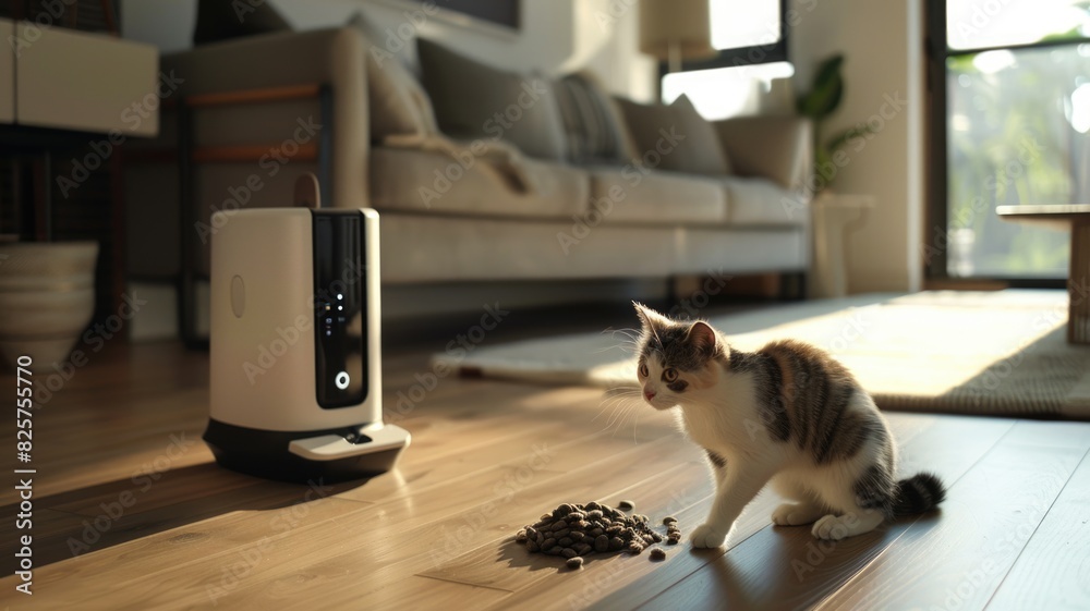 cat approaching an automatic pet feeder, demonstrating its daily ...