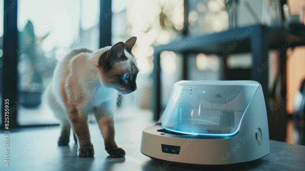 cat approaching an automatic pet feeder, demonstrating its daily ...