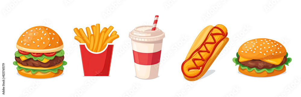 Set of fast food cartoon isolated illustrations. Burger, hot dog, soda ...