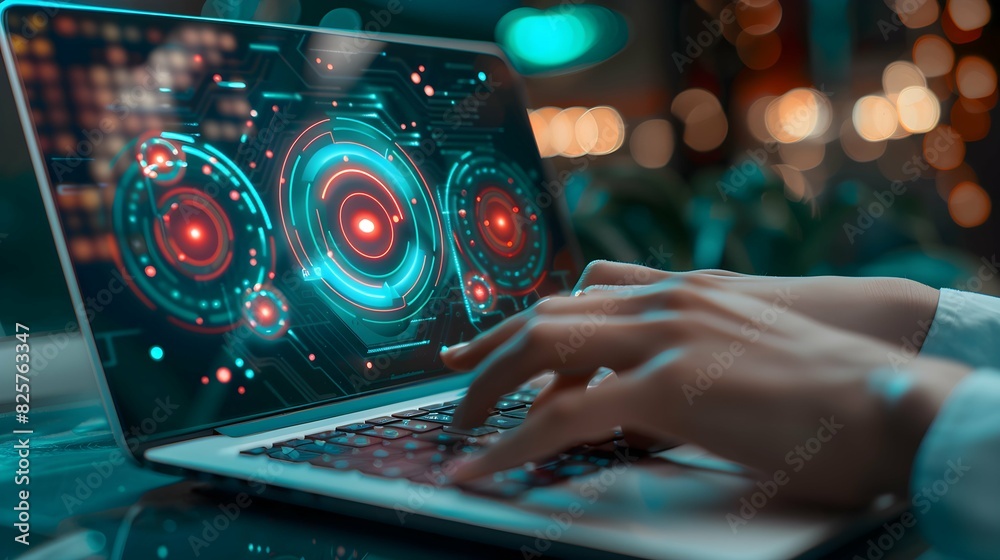 Person typing on a laptop with holographic warning symbols on screen in ...