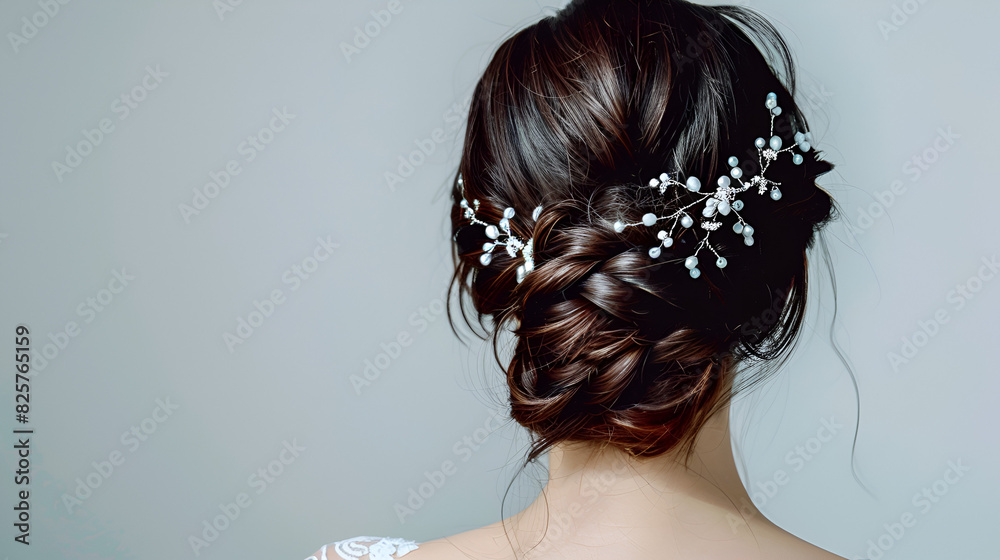 Beautiful modern back wedding hairstyle on a white background ...
