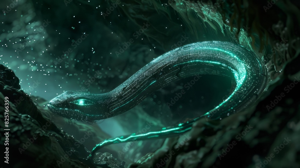 A glowing bioluminescent serpent winding through a dark underwater ...