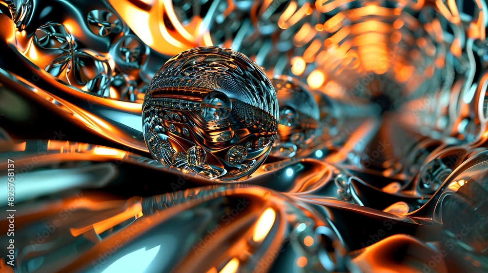 3D rendering of a glowing sphere in a colorful tunnel. The sphere is ...