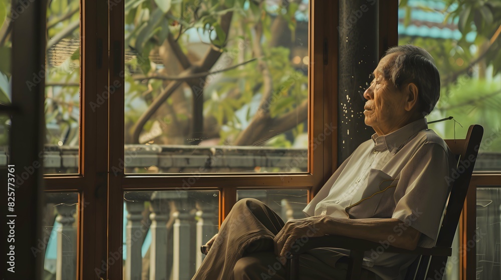 Elderly Asian man sitting in solitude, reflecting on life with the ...