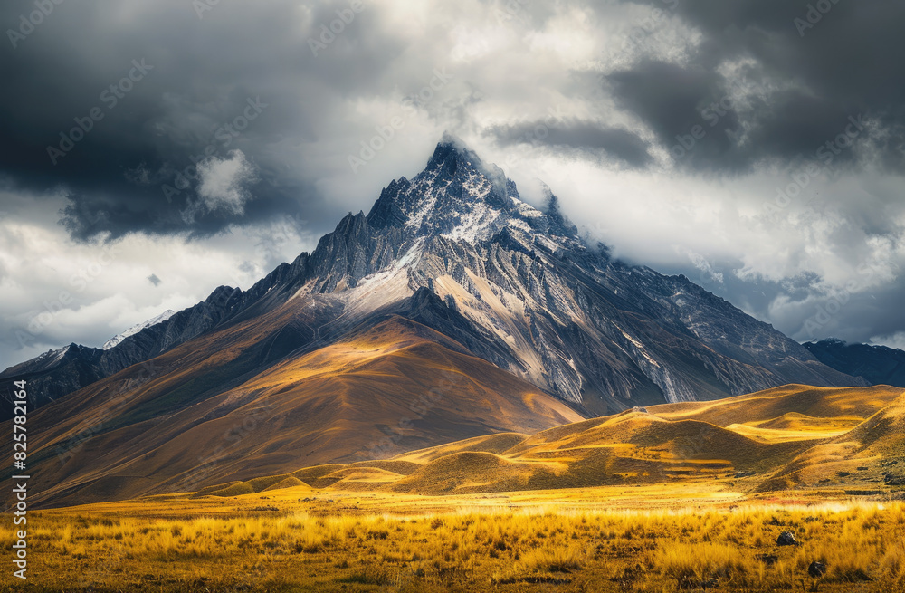 A majestic mountain peak in the Andes range, with its sharp outline and ...