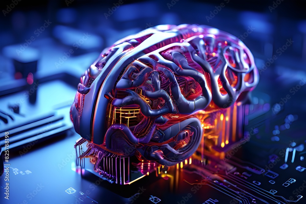 human brain intricately interlinked with the circuits of a computer ...