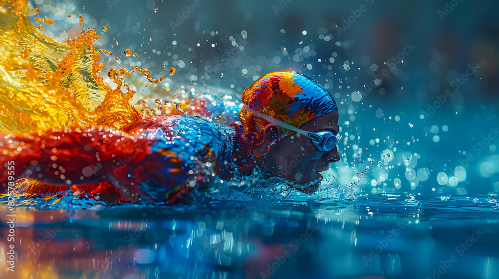 Swimmer wearing a swimming cap and goggles during a fast sprint race in ...