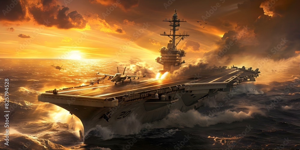 Foto de Digital artwork depicting military aircraft launching from an aircraft carrier deck in ...