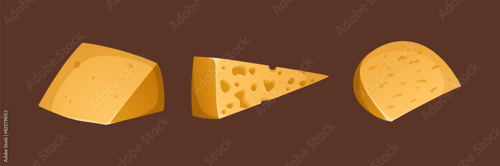 Different types of cheeses vector set on a brown background. Colorful ...