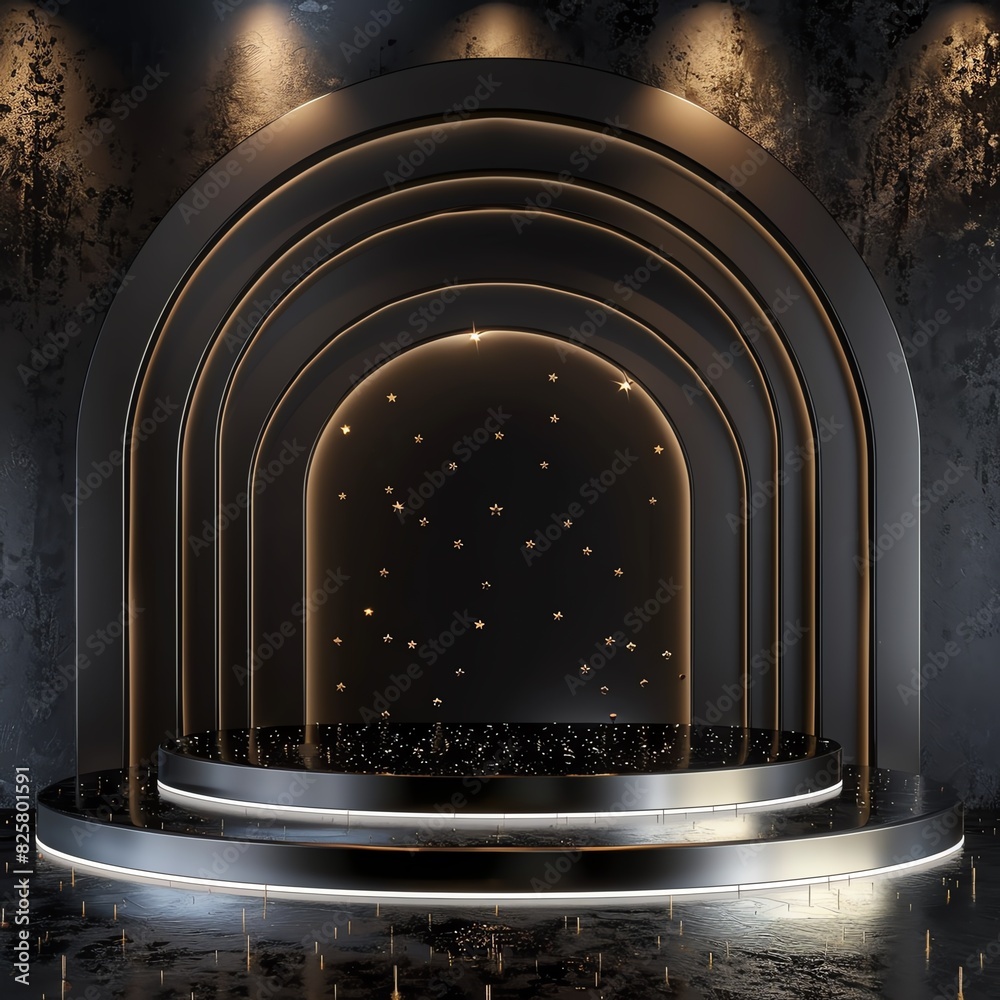 Elegant black and gold arch stage with spotlight illumination and star ...