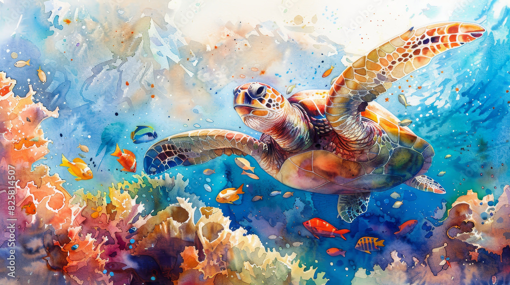 Beautiful watercolor painting of a sea turtle swimming among colorful ...