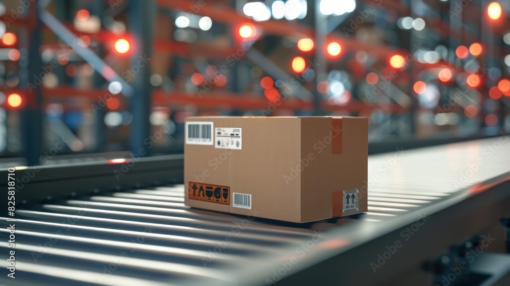 Single cardboard box with a shipping label and barcode, with a blurred ...