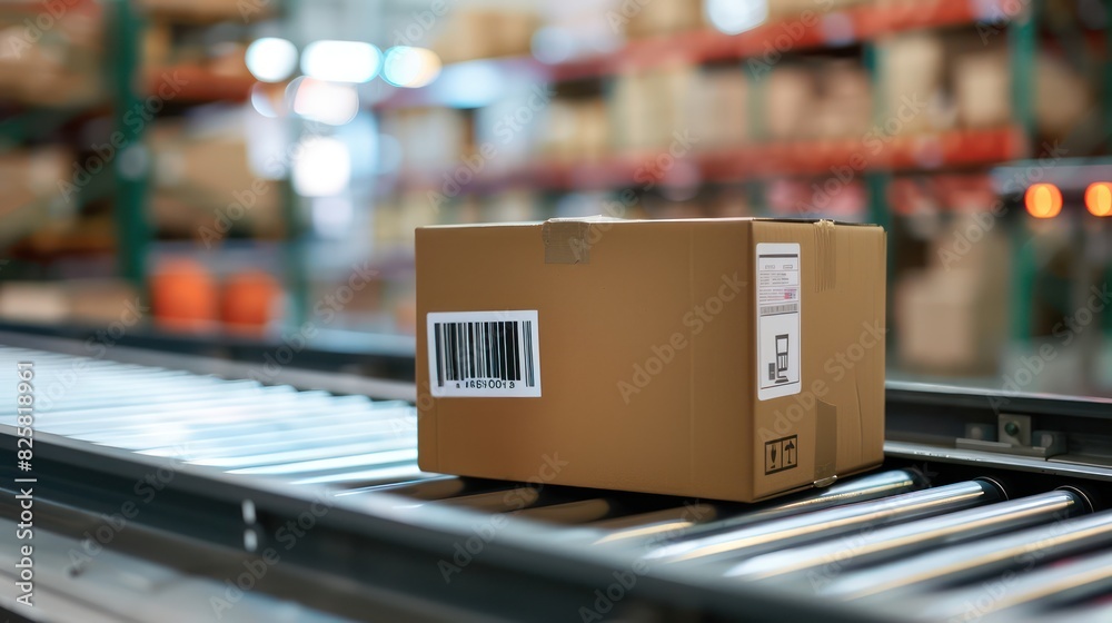Single cardboard box with a shipping label and barcode, with a blurred ...