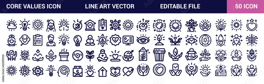 Core values icon set. Integrity, Target purpose, and Strategy. Core ...
