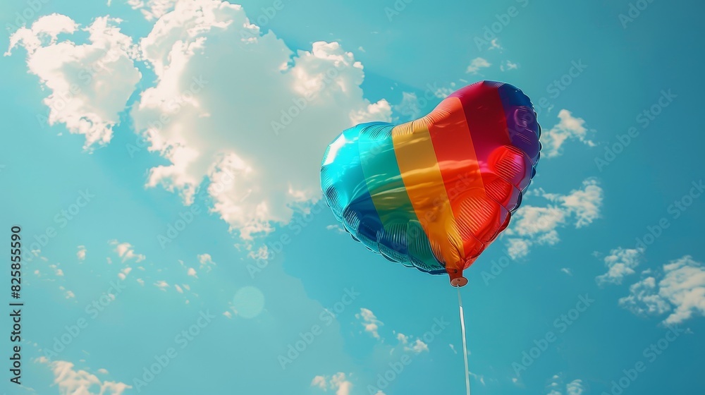 A rainbow-colored heart-shaped balloon flying high in the sky symbolizing love pride and support ...