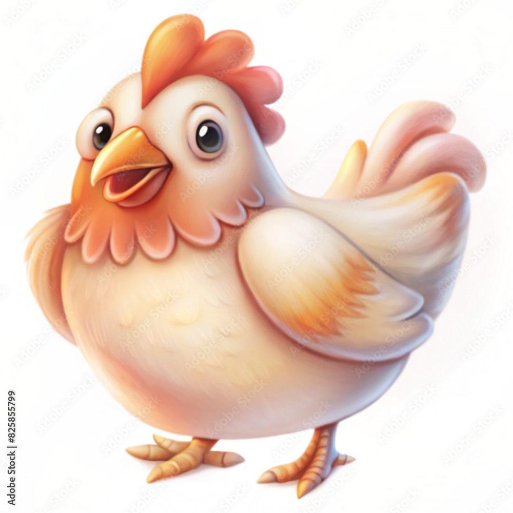 A cute and plump cartoon chicken with big, expressive eyes, a small ...