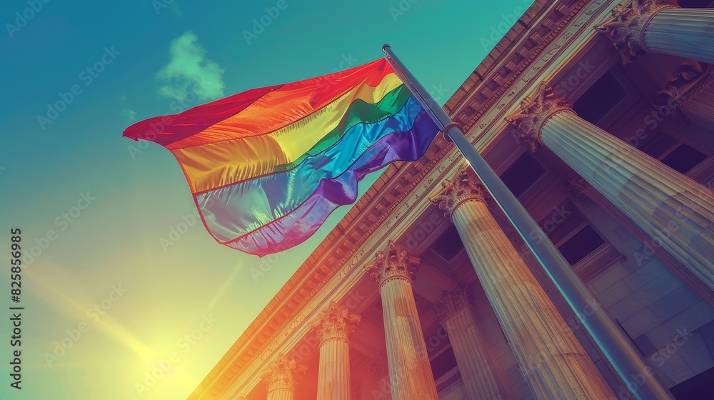 Pride rights justice symbolized by a rainbow flag flying high above a ...