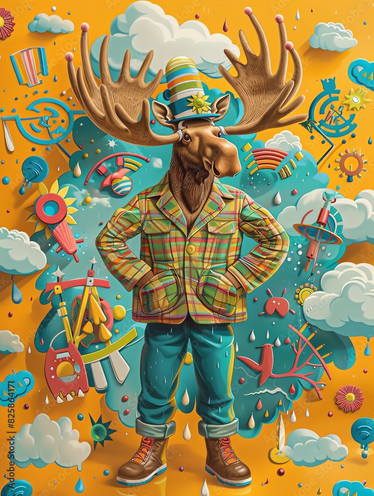 Design a meteorologist moose in a whimsical, tilted angle view ...